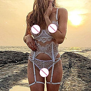 wodceeke Women Sexy Sling Lace Lingerie Three-piece Perspective Embroidered Bodysuit Seductive Pajamas With Garter (White, L)