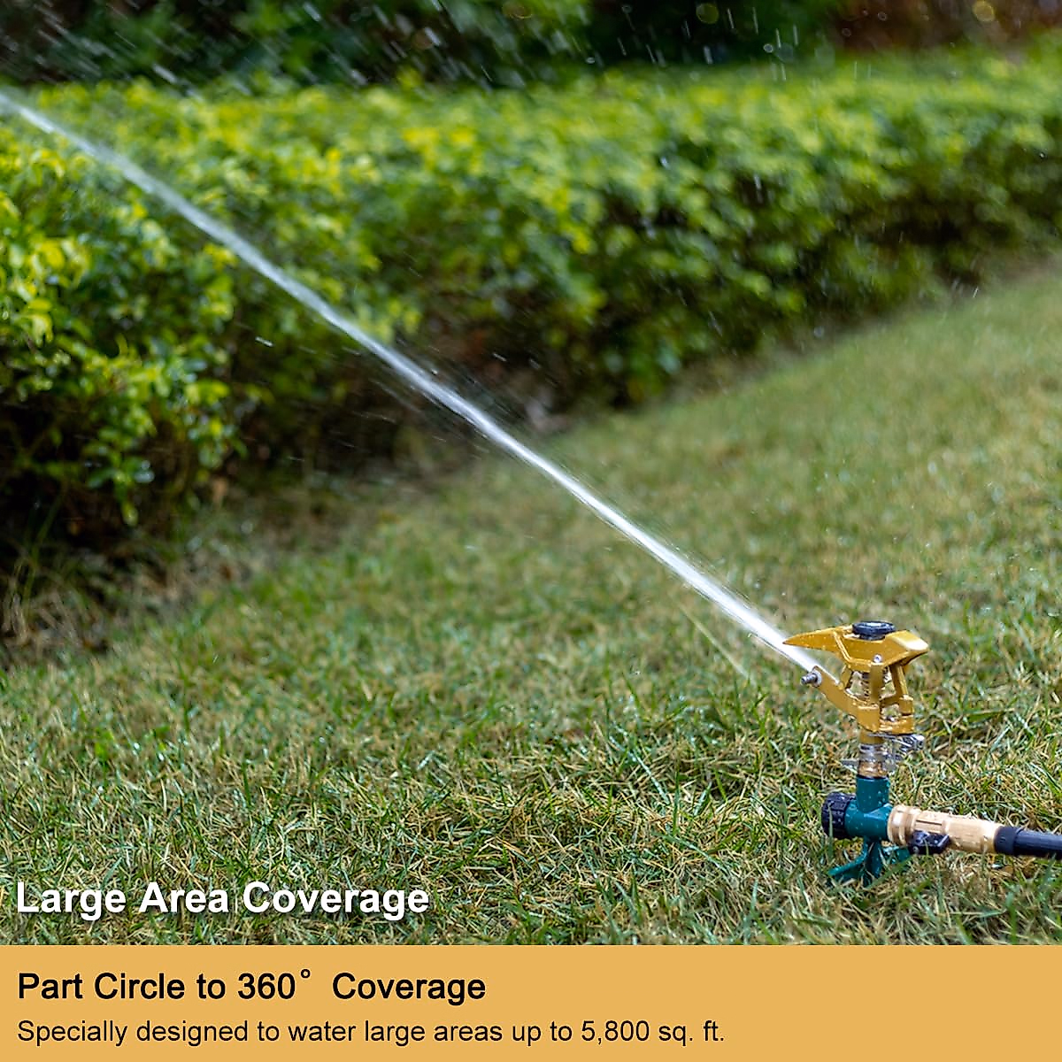 FANHAO Heavy Duty Pulsating Lawn Sprinkler on Spike Base, 100% Metal Impact Sprinkler with Adjustable Spray Pattern for Yard Lawn Irrigation, 360 Degree Large Area Coverage, Covers Up to 8500 sq. ft