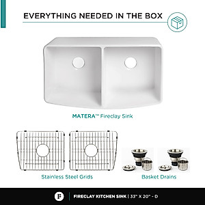 Single Bowl Kitchen Sink - 33 Inch Fireclay Deep Curved Apron Front Kitchen Sink - Premium Double Bowl Sinks for Home, Farmhouse (Grid & Strainer Included) White