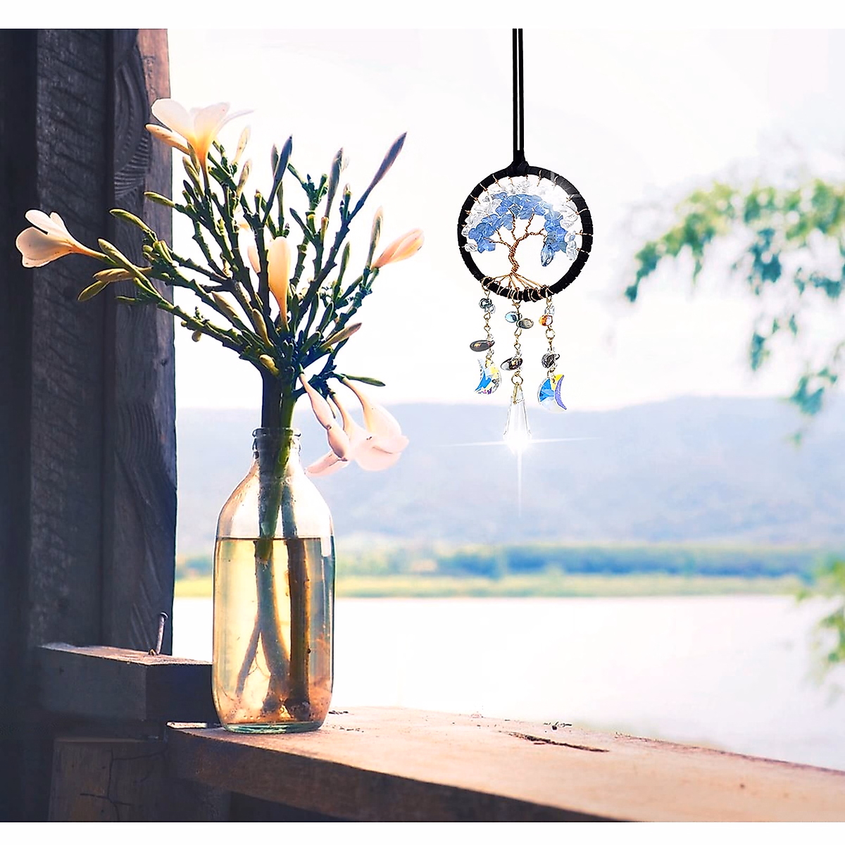 Andiker Car Rear View Mirror Hanging Accessories, Cute Tree of Life Healing Crystals Stone Car Hanging Ornament (Tree)