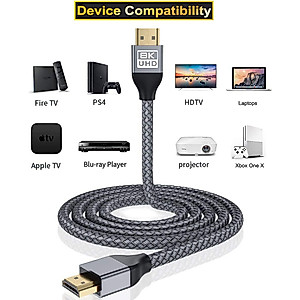 Basesailor 8K 60Hz HDMI Cable 10FT 2 Pack,48Gbps 7680P Ultra High Speed Cord for Apple TV,Roku,Samsung QLED,2.0 2.1,Sony Playstation,PS5,6FT,Xbox One Series X,eARC HDR HDCP 2.2 2.3,4K 120Hz 144Hz