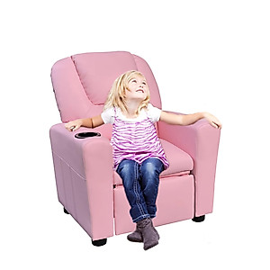 anwickjeff Modern PU Leather Kids Recliner Chair with Cup Holder, Adjustable 2-in-1 Kids Single Couch for Boys Girls (Pink)