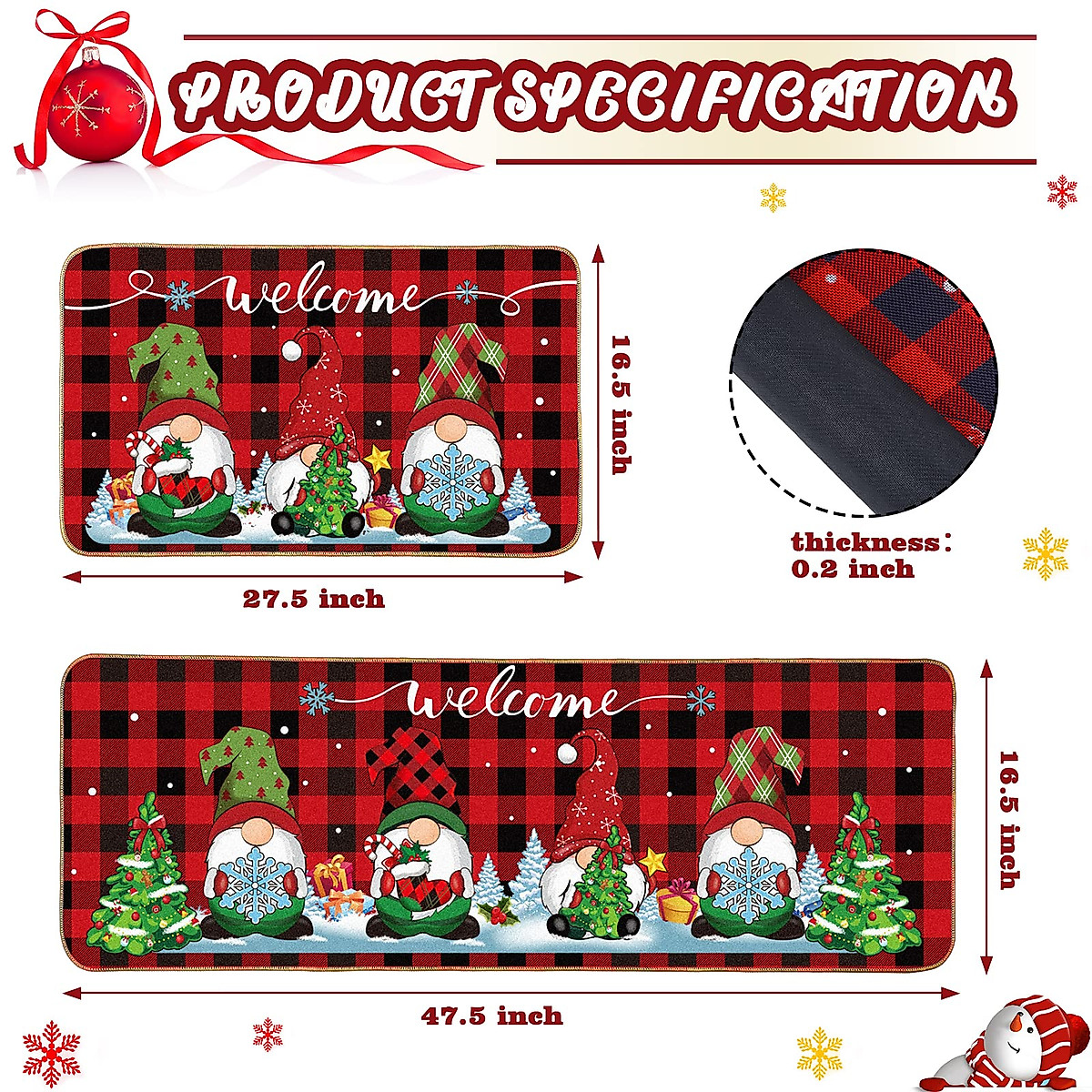 Christmas Kitchen Rugs Set of 2 Xmas Kitchen Mats Merry Christmas Mats Red Black Buffalo Plaid Doormat Christmas Non Slip Backing Floor Mat Xmas Door Mat for Home Kitchen Door Bathroom (Gnome)