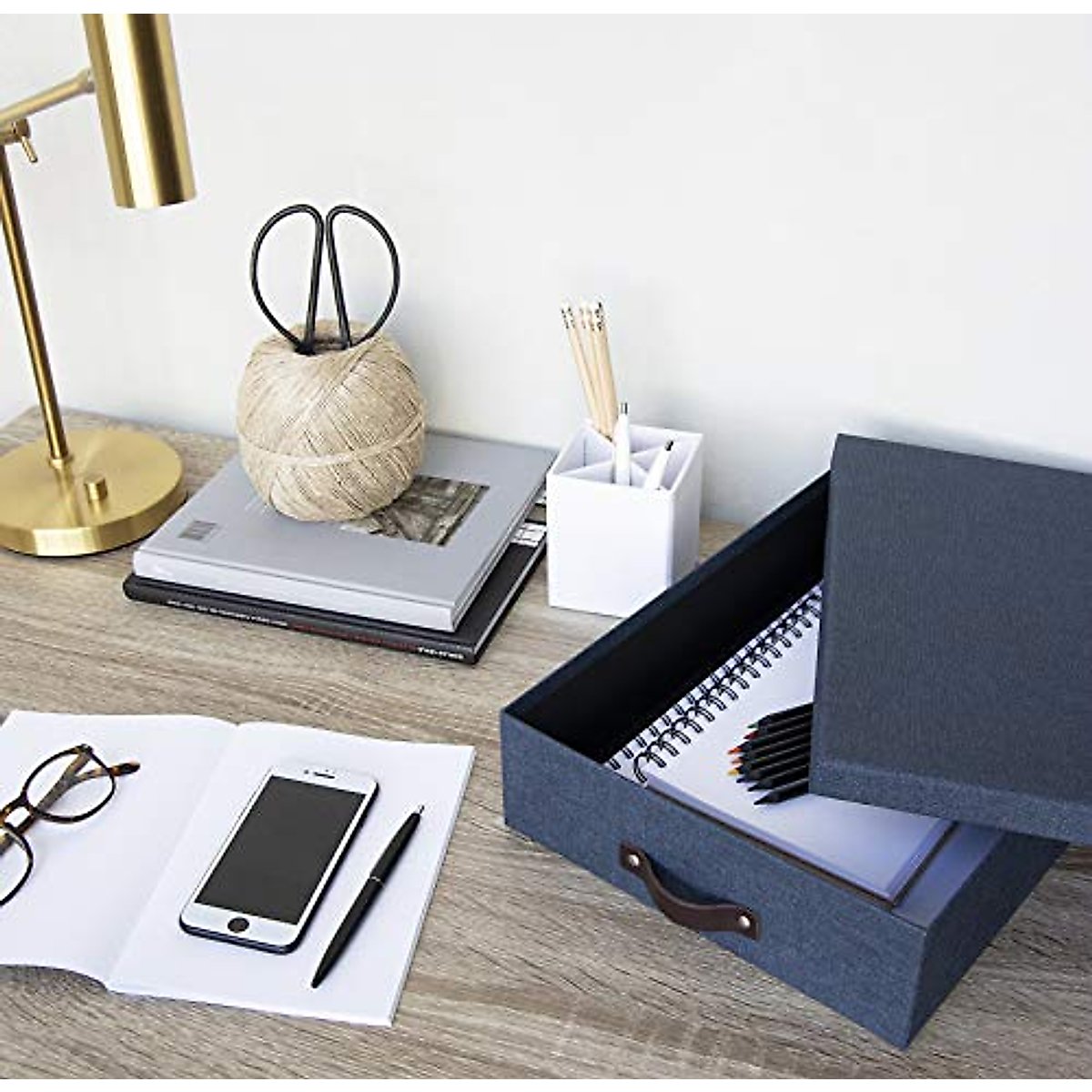 Bigso Oskar Canvas Fiberboard Document Letter Box | File Organizer Document Box for Important Paperwork | Document Storage Box with a Lid & Leather Handle | 3.3″x10.2″x13.8″ | Blue
