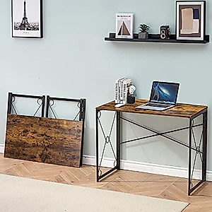 VECELO 39" Writing Computer Folding Desk Sturdy Steel Laptop Table for Home Office Work, No Assembly Required,Antique Brown