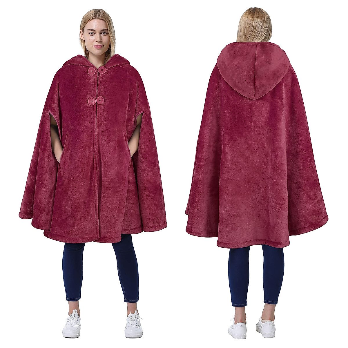 Catalonia Women's Poncho Cape, Sherpa Fleece Cloak Coat, Snuggly Hooded Wearable Blanket, Gift Idea for Mom and Teen Girls