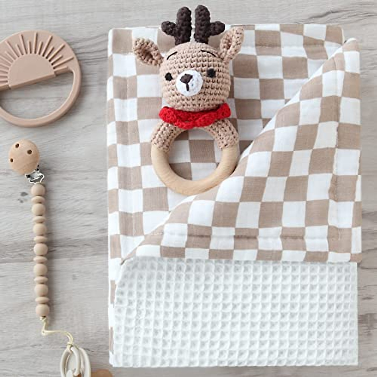 LifeTree Waffle Baby Blankets Neutral, Muslin Checkered Swaddle Blankets for Boys Girls, 2 Layers Crib Stroller Blanket Receiving Blankets with Muslin Front and Waffle Backing Infant Newborn