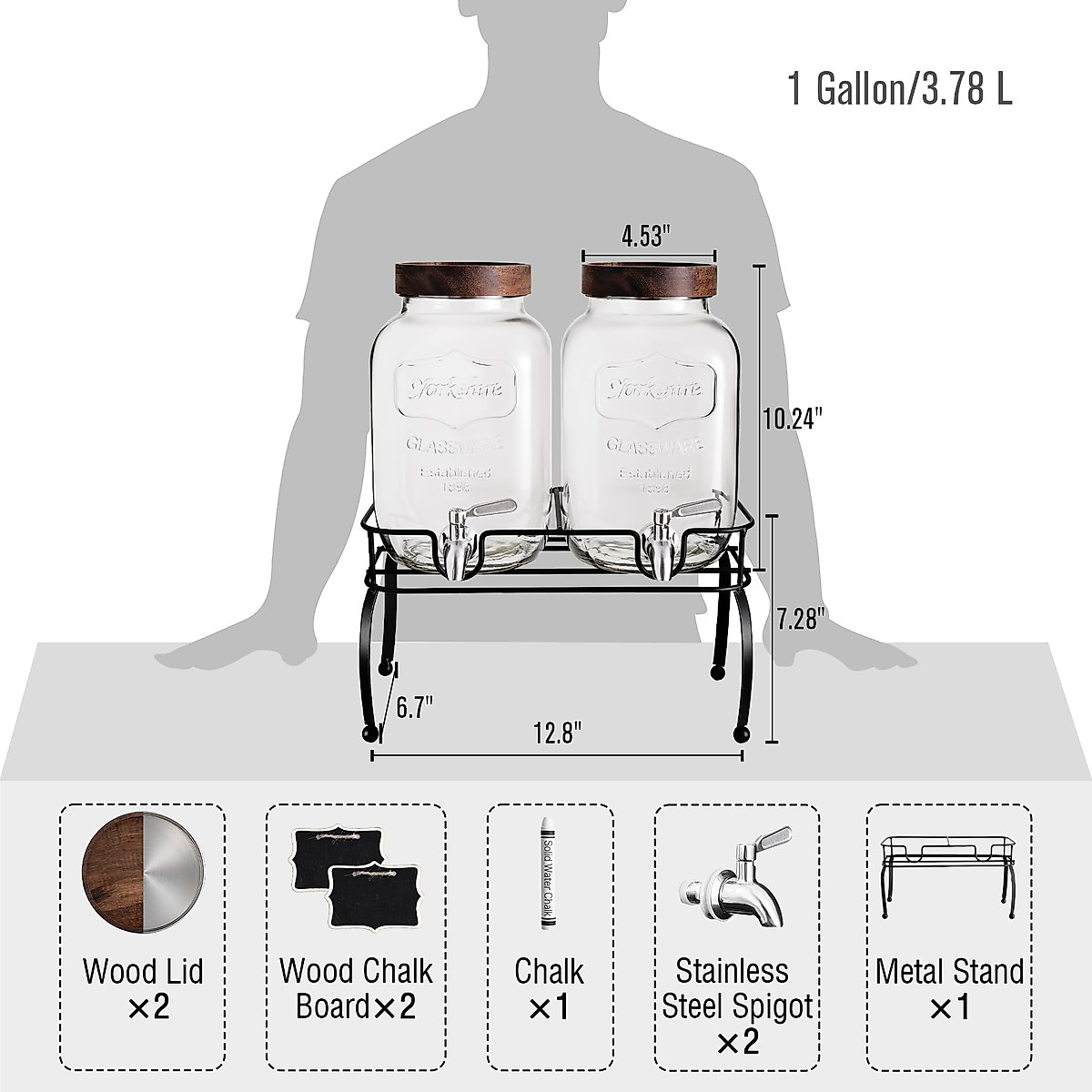 mustry Glass Drink Dispenser for Parties, 1 Gallon Beverage Dispenser with Stand and Spigot Solid Stainless Steel, Used as Lemonade Dispenser Sun Tea Jar Kombucha Jar, Set of 2