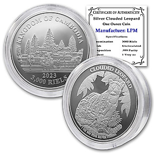 2023 1 oz Cambodian Silver Cambodia Wildlife: Clouded Leopard Coin (in Capsule) with Certificate of Authenticity 3000 Riels BU