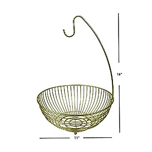 Linen Store Fruit Bowl, Wire Basket with Banana Holder Hook Kitchen Counter Top Organizer Perfect for Storing Fruits, Veggies, Pastries Sturdy Steel - Gold