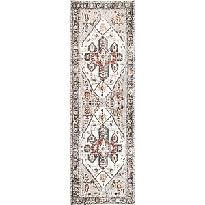 nuLOOM Mali Machine Washable Traditional Medallion Ultra Thin Runner Rug, 2' 6" x 12', Ivory