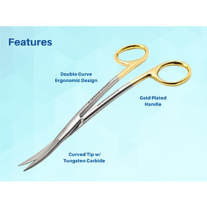 Double curved tungsten carbide inserts Gold Plated handle Scissors 4.5 inch LaGrange | Dental ENT EYE DERMA Embroidery Scissors Applique Scissors for Machine Embroidery & Fabric Stitches (5.5 Inches)