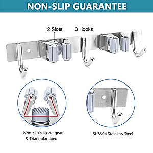 POPRUN Broom Mop Holder Wall Mount Stainless Steel Garden Tool Hanger Garage Organizer Home Kitchen Laundry Storage, 2 Racks 3 Hooks, Grey