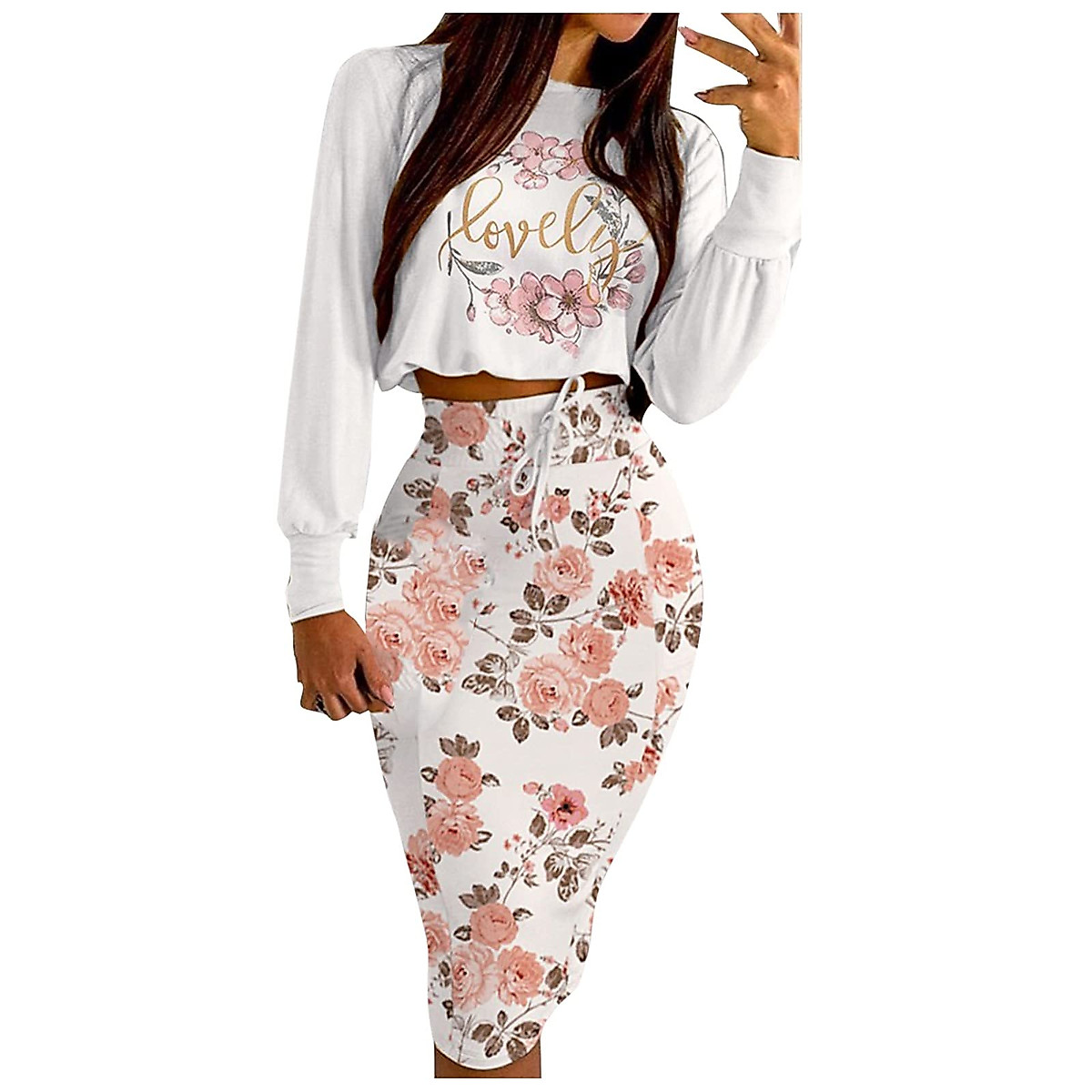 Aniywn Women's Casual 2 Pieces Outfits Solid Long Sleeve Crop Top Printing Bodycon Midi Skirt Dress Tracksuits Set