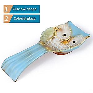 Sanbege Owl Spoon Rest, Ceramic Ladle Holder, Utensil Rester for Stove Top, Kitchen Counter, Dining Table, Coffee Station (Blue)