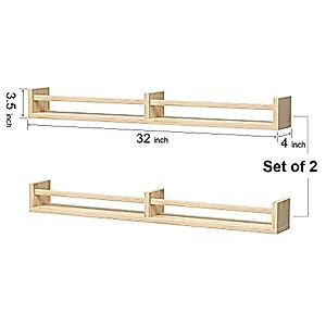 Classic Nursery Shelves, Set of 2 Natural Wood Floating Book Shelves for Kids Room, Wall Shelves for Bathroom Decor, Kitchen Spice Rack, Book Shelf Organizer for Baby Nursery Décor (32Lx4W)