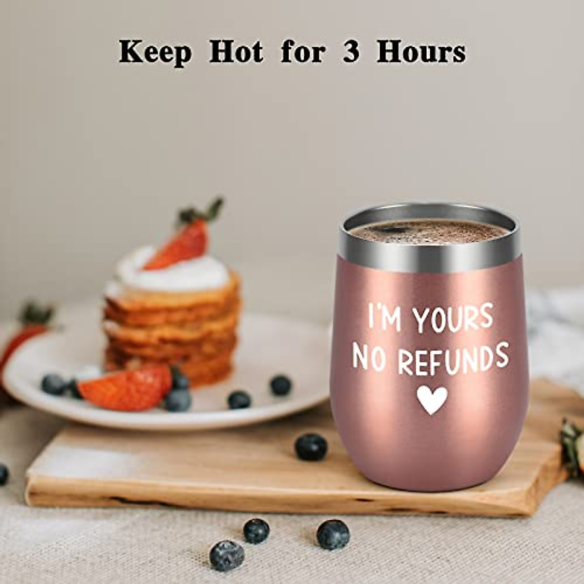 Qtencas Valentine's Day Gifts for Wife Her, I'm Yours No Refunds Stainless Steel Insulated Wine Tumbler, Engaged Birthday Gifts for Girlfriend Wife Fiancée Her Lover Tumbler(Rose Gold, 12 oz)
