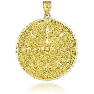 10k Yellow Gold Aztec Mayan Calendar Pendant Charm, 1" Diameter