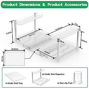 HzTinT 2 Pack Under Sink Organizer with Under Sink Tray, 2 Tier Sliding Bathroom Organizer Under Sink, L-Shape Under Cabinet Basket Organizer, Multi-purpose Pull Out Under Sink Drawers(Clear White)