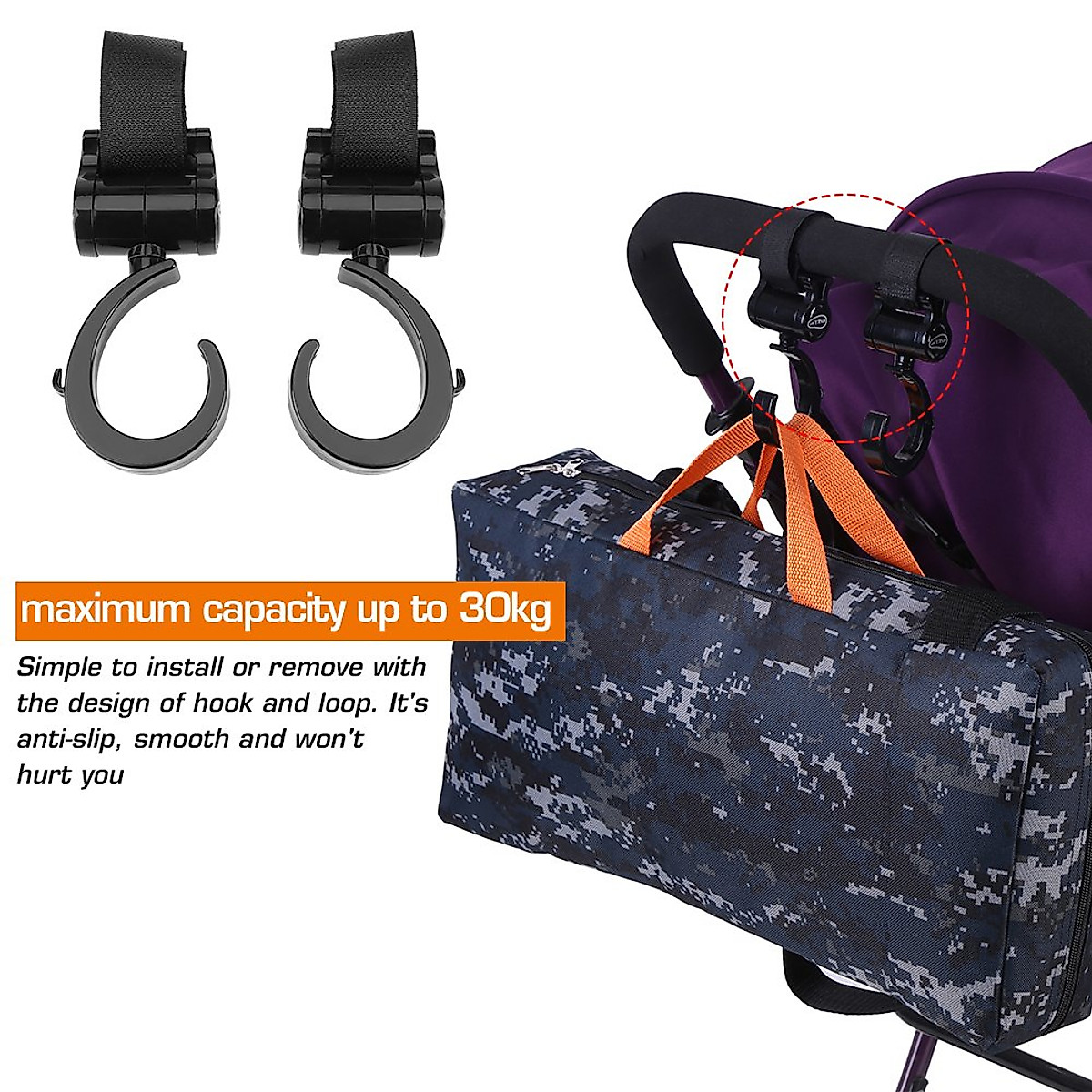 Fdit 2Pcs Stroller Hooks, ABS Plastic 360°Rotation Baby Infant Stroller Pushchair Hooks Hanger for Baby Diaper Bags Walker