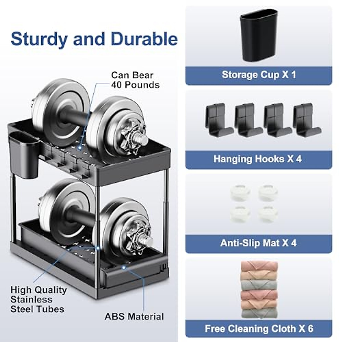 ESSBLIN Under Sink Organizer,1 Pack Height Adjustable Under Cabinet Storage for Bathroom Kitchen Cleaning Supplies with Hooks Hanging Cup,2 Tier Sturdy Large Capacity Pull Out Drawer Black