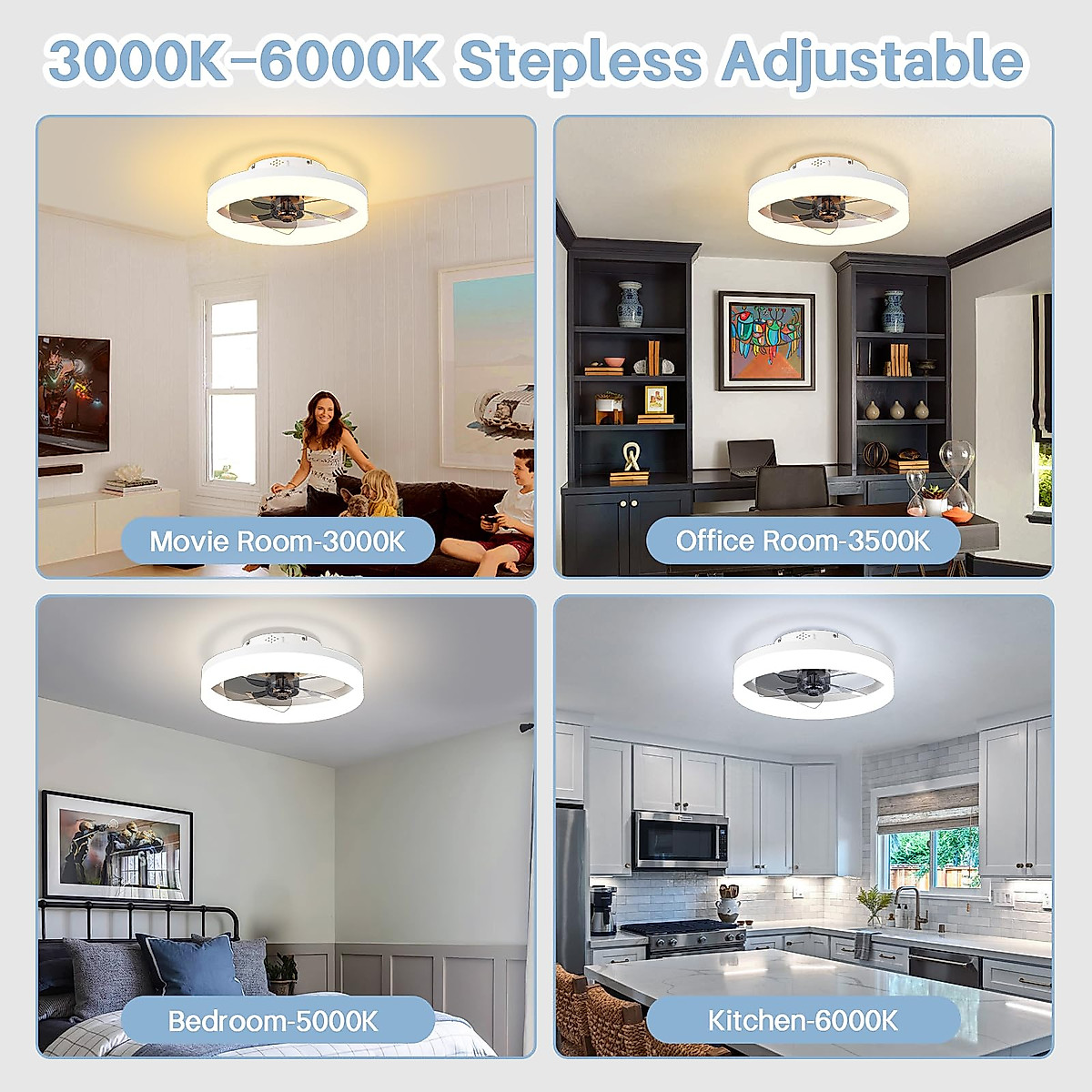 Ceiling Fans With Lights 15.7in, Low Profile Ceiling Fan Flush Mount With Remote, Dimmable LED 3 Color 6 Speeds Timing, Reversible Bladeless Modern Ceiling Fans Fandelier For Bedroom Living Room,White