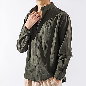Men's Linen Button Down Dress Shirts Long Sleeve Casual Hippie Cotton Beach T Shirts Solid Color Summer Yoga Tops (Armygreen,4X-Large)