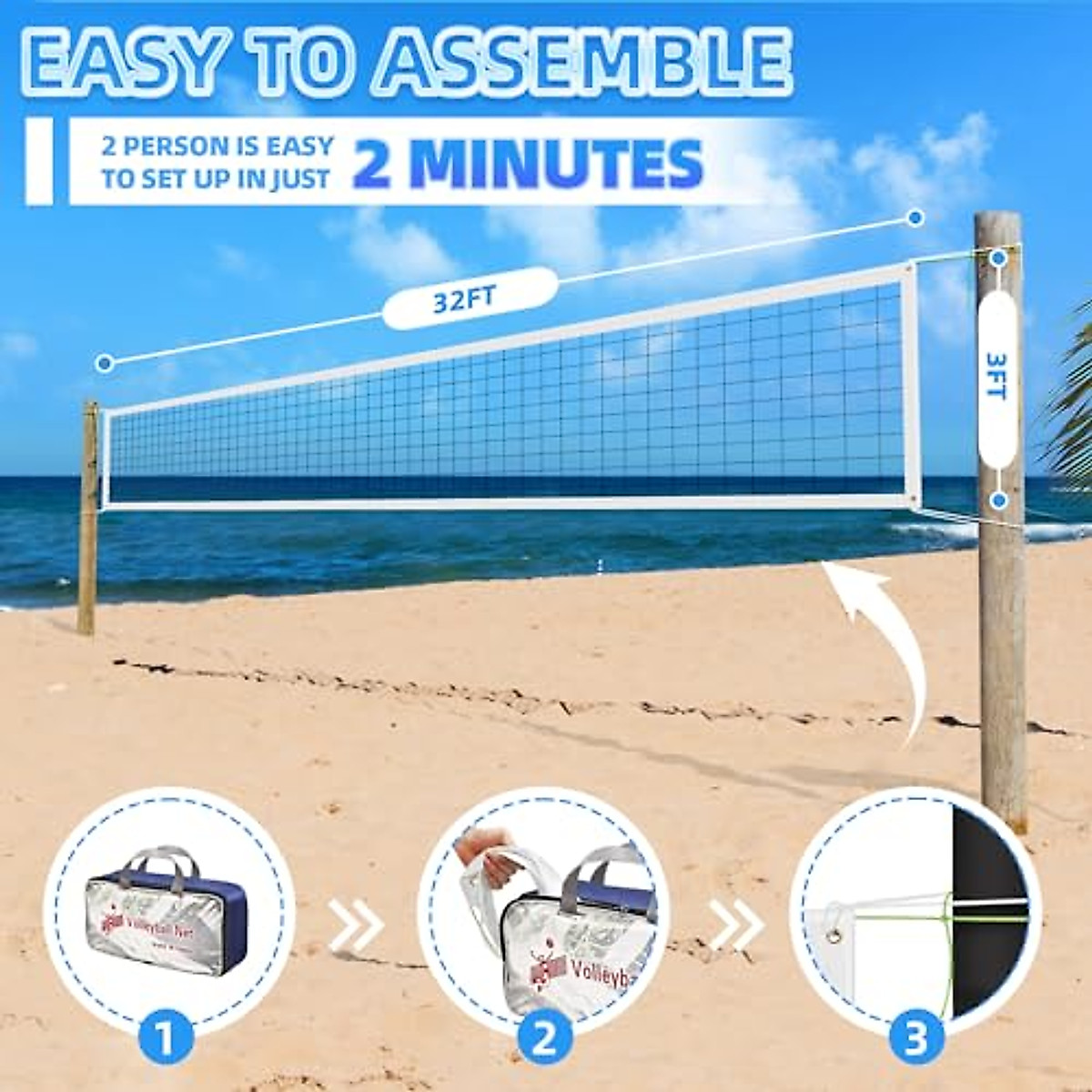 Professional Volleyball Net,Pool Volleyball Net with Aircraft Wire Rope, 32 FT x 3 FT, for Indoor and Outdoor (No Poles)