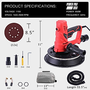 POWER PRO 2600 Electric Drywall Sander - Variable Speed 1500-2600rpm, 850 Watts, with Automatic Vacuum System, LED Light, and Dust Bag (2600)
