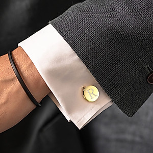 Diamday Cuff Links and Tie Clips Set Personalized Cufflinks for Men Gold R Initial Cufflinks Men's Link Shirt Studs Tie Letter Tie Clips and Cufflinks Set with Box Groomsmen Gift for Him