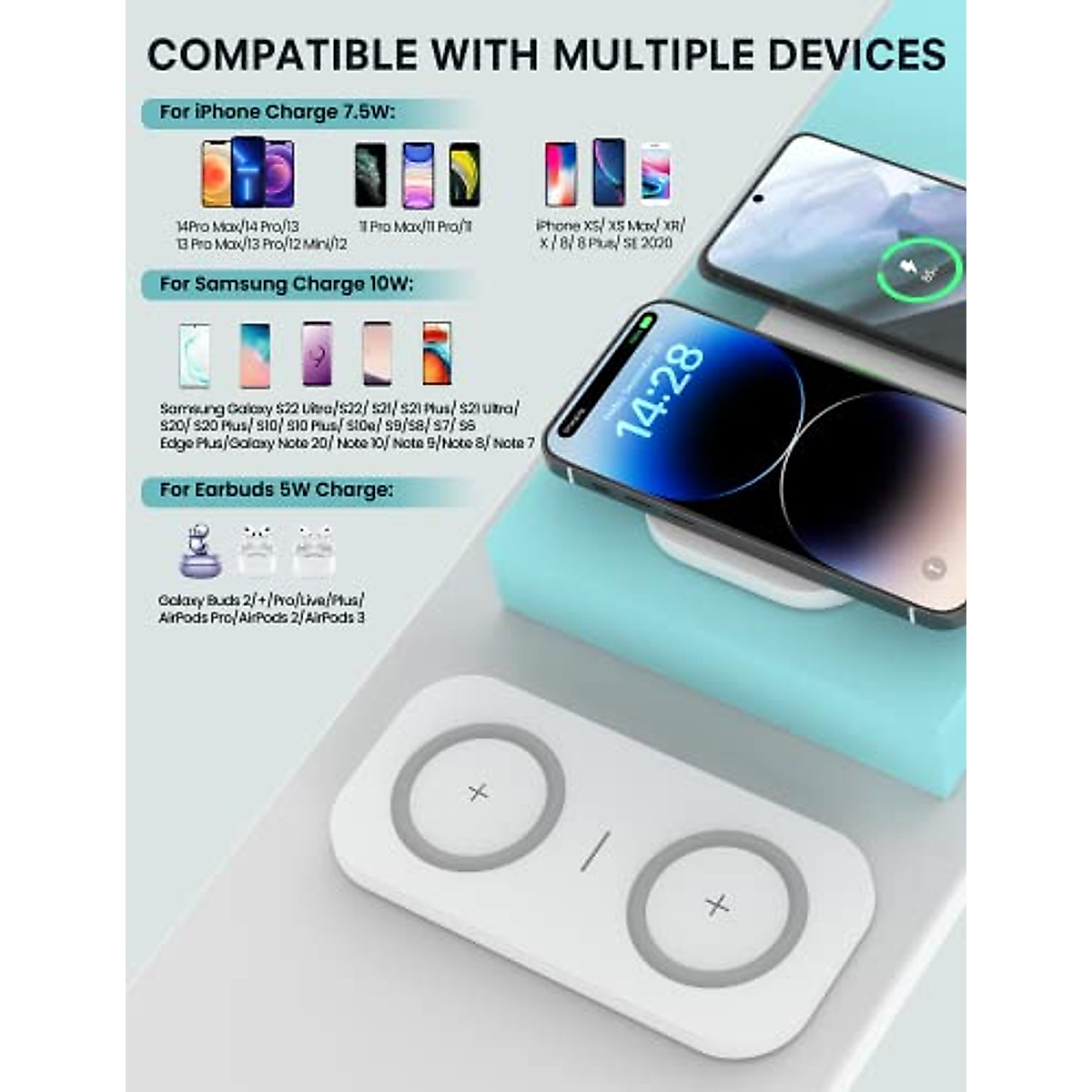Dual Wireless Charger,JoyGeek Wireless Charging Pad for iPhone 14 Plus/14 Pro/14/13 Pro Max/Pro/Mini/12,Airpods 3/2,Wireless Phone Charger for Samsung S22/S21,10W Fast Wireless Charger(White)