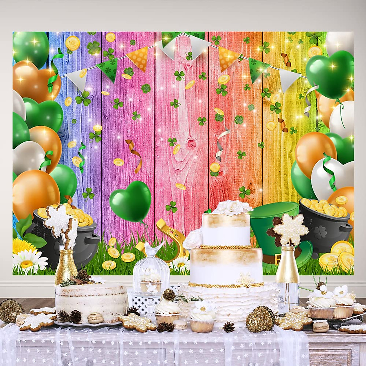 Ticuenicoa 7×5ft Happy St. Patrick's Day Photo Backdrop Colorful Wooden Pattern Lucky Irish Shamrock Clover Photography Background Kids Adults Birthday Baby Shower Newborn Banner