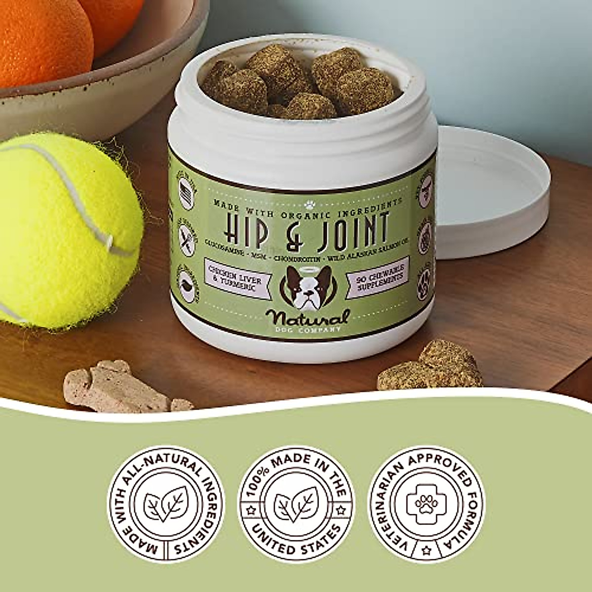 Natural Dog Company Hip & Joint Chews, Chicken Liver & Turmeric Flavor, with Glucosamine Chondroitin for Dogs, Maintains Bone and Joint Health, Supplements for Seniors and Puppies, 90 Count