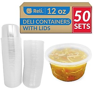 Reli. Deli Containers with Lids (50 Sets), 12 oz | Plastic Deli Containers with Lids 12oz | Clear Soup Containers with Lids, Disposable | To Go Food Storage Containers for Deli, Food, Soup (12 ounce)