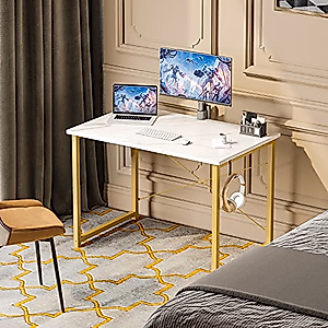 ODK 32 inch Small Computer Desk Study Table for Small Spaces Home Office Student Laptop PC Writing Desks with Storage Bag Headphone Hook, White Marble + Gold Leg
