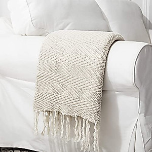 Longhui bedding Cream Fringe Knit Cotton Throw Blanket, 50 x 60 Inches Decorative Knitted Cover with 6 Inches Tassels, Lightweight Couch Blanket, Beige
