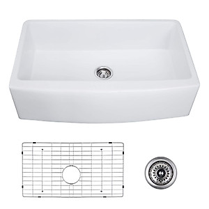 33 x 21 Inch Curved Farmhouse Sink White - CELAENO Single Bowl Fireclay Farmhouse Sink, Apron Front Deep Sink with Protective Bottom Grid and Strainer