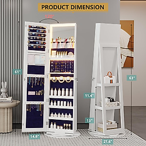 Vlsrka LED Jewelry Armoire with Full Length Mirror 360° Rotating, Jewelry Cabinet Large Standing Lockable Mirror Jewelry Organizer with Inner Makeup Mirror & Soft Velvet for Living Room Bedroom