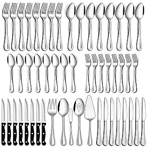 Homikit 77-Piece Silverware Set with Steak Knives and Serving Utensils, Stainless Steel Flatware Cutlery Set for 12, Modern Eating Utensil Tableware Sets with Pearled Edge, Include Knife Spoon Fork