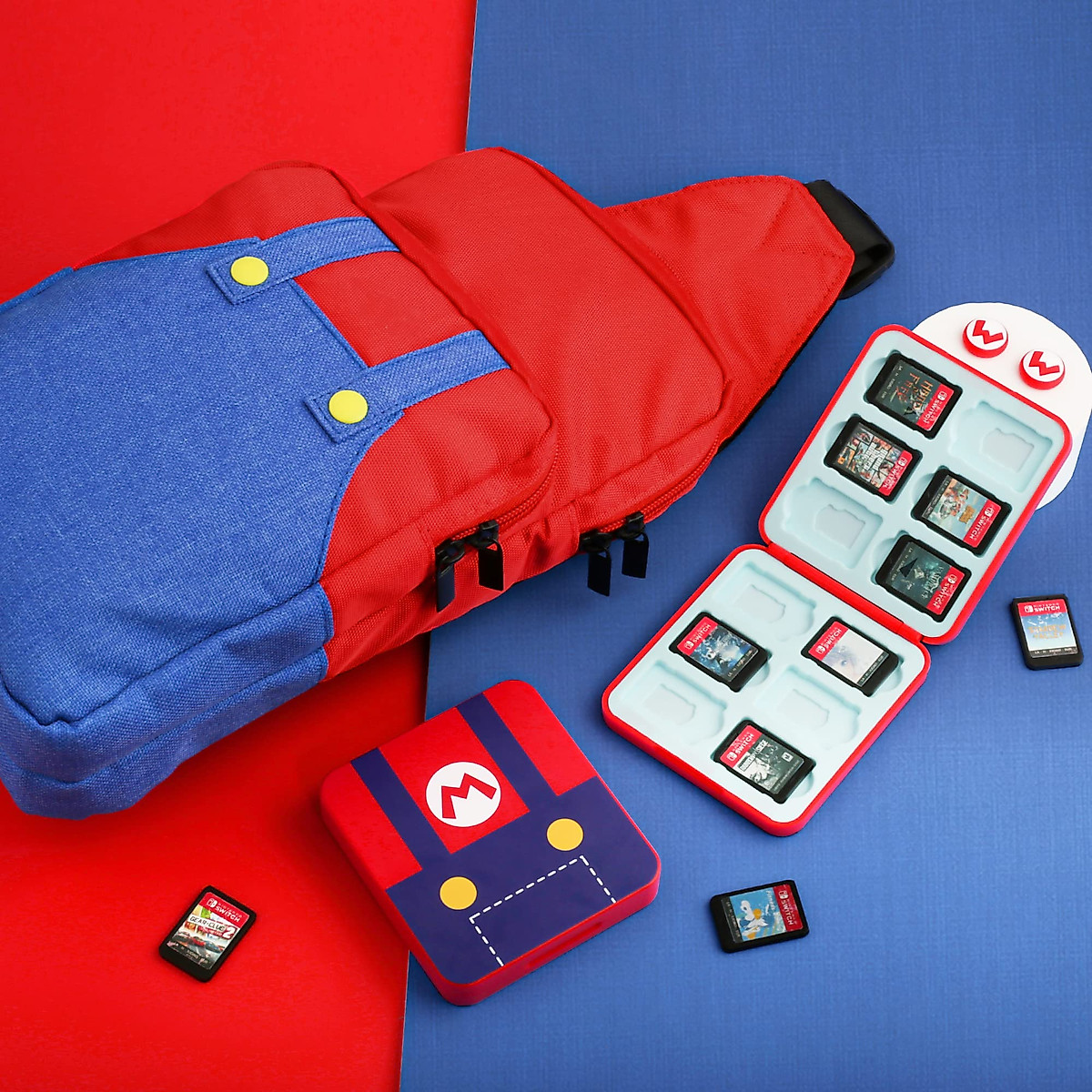 FUNDIARY Travel Bag for Nintendo Switch, OLED & Lite Carrying Case, Portable Shoulder Bag Set for Switch, Crossbody Backpack Accessories Bundle with Game Case and 2 Thumb Caps - for Super Mario