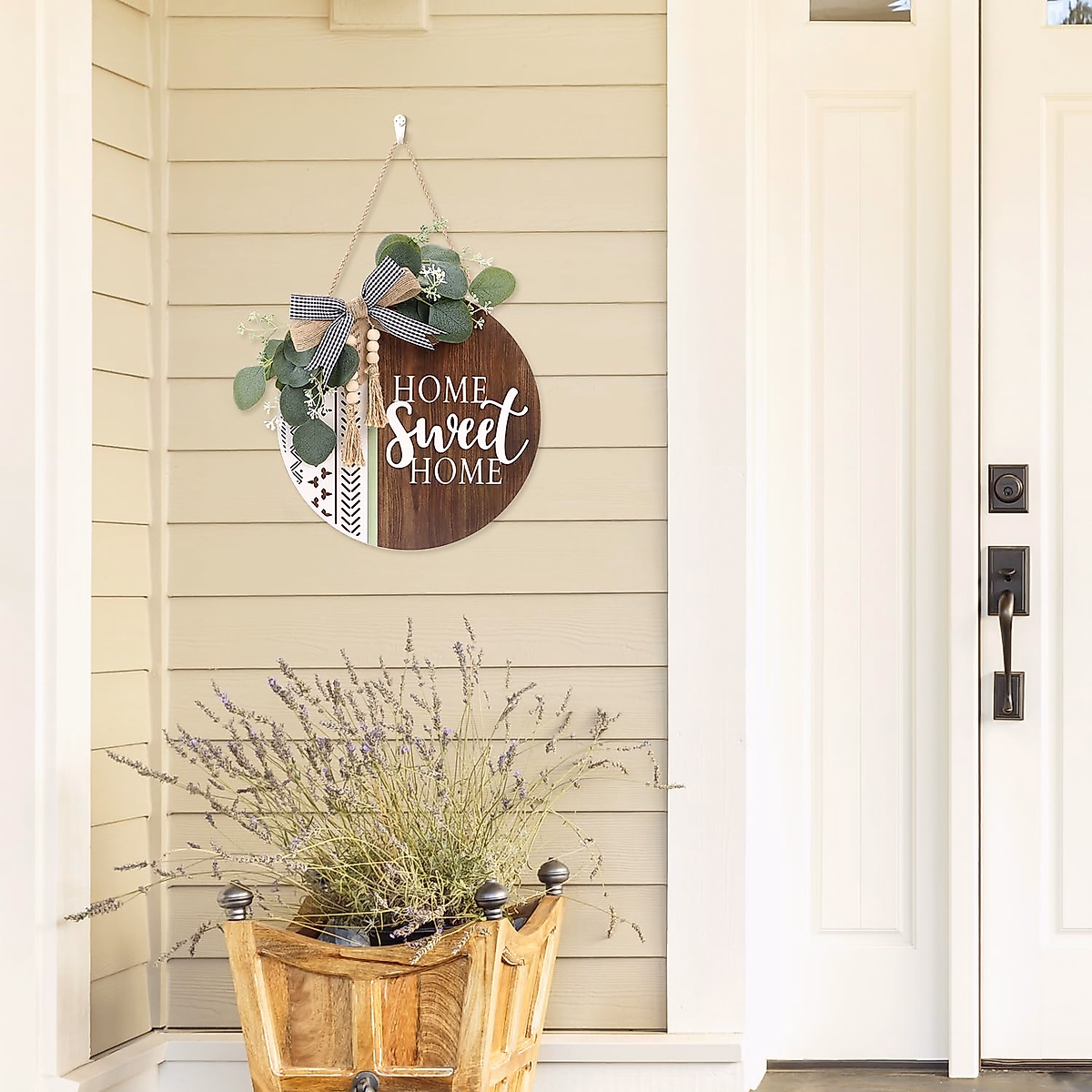 3D Welcome Front Door Wreath Porch Decor, Wooden Home Sweet Home Boho Outdoor Sign Hanging, Farmhouse Aztec Wall Sign Hanger with Artificial Leaves&Rustic Beads