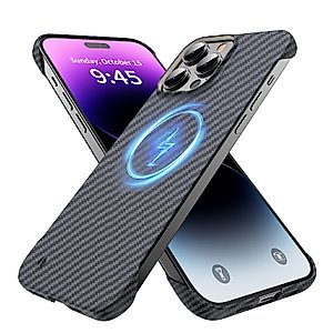 GRECAZO Magnetic Ultra-Thin Frosted Soft Touch Skin Borderless Carbon Fiber Bump Texture for iPhone 13 Pro Max Case 6.7" Slim Minimalist Lightweight Frameless Matte Hard for MagSafe Cover Case-Black