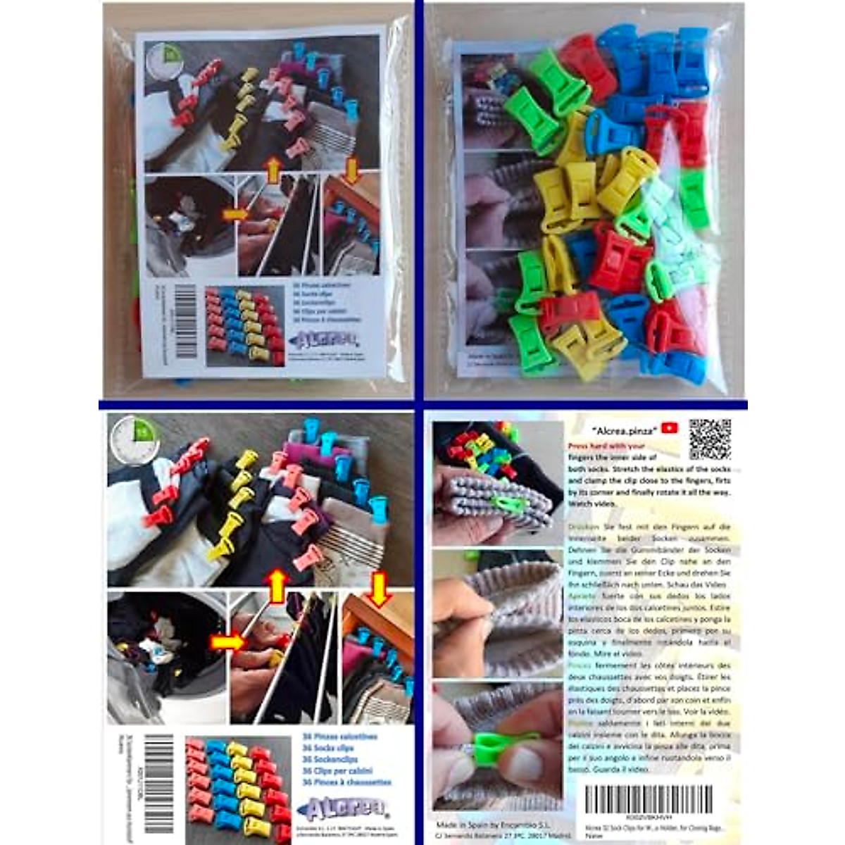 Alcrea® 32 Sock Clips for Washing Machine and Dryer, with Hanging Hook. Stop Pirates. Directly to The Drawer with The Clip on, Without Folding, Without Losing, or Pairing. The Socks’ Complete Cycle