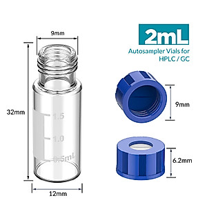 Membrane Solutions Autosampler Vials, 2ml HPLC Vials, 9-425 Lab Clear Vials with Write-on Spot and Graduations, 9mm Blue ABS Screw Caps & Septa for GC Sample Vials, 100 Pcs