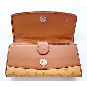 Julie Genuine Real Ostrich Skin Leather Trifold Clutch Long Golden Tan Wallet