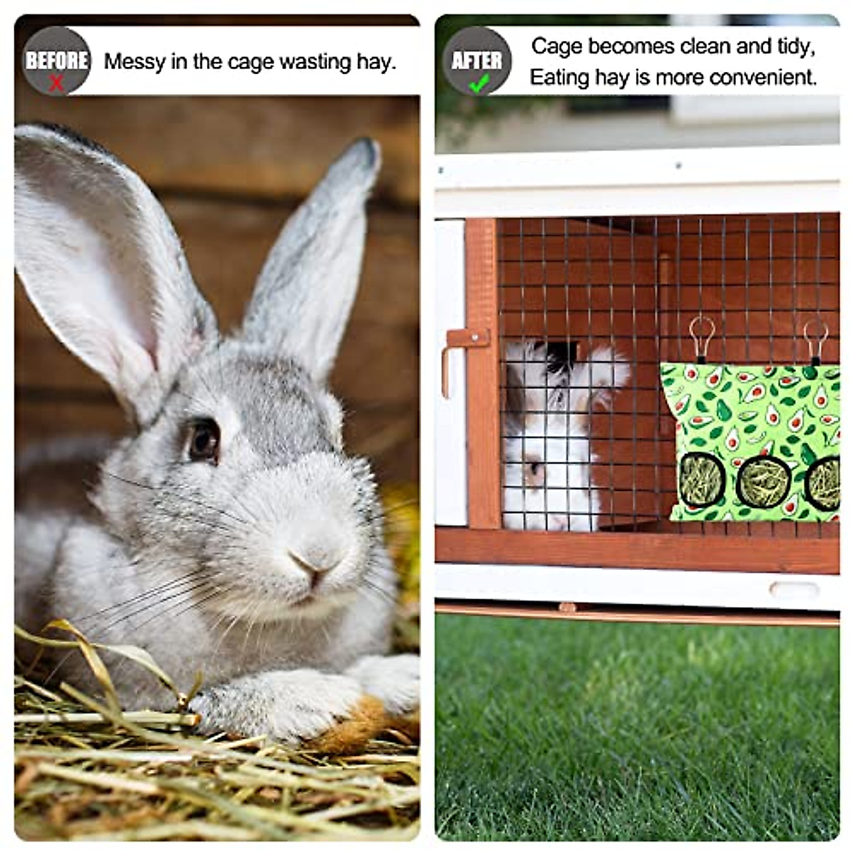 2 Pieces Rabbit Hay Feeder Bag, Guinea Pig Hay Feeder Storage Bunny Hay Bag Hanging Feeder Bag for Rabbits with 3 Holes Large Capacity for Small Animal (Strawberry+Avocado)