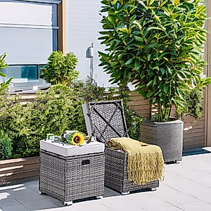 Patiorama 2 Piece Outdoor Patio Ottomans,All-Weather Grey PE Rattan Wicker Ottoman with Storage,Outdoor Footrest Footstool Seat w/Thick Cushion,Built-in Handle for Backyard Poolside Porch (Light Grey)