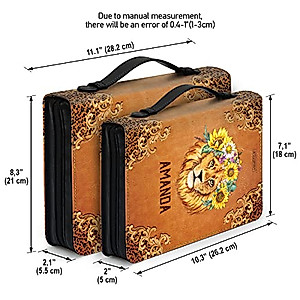 Jesuspirit Personalized Zippered Bible Cover with Handle Large Size - Lion & Sunflower Customized Leather Bible Case - God is Within Her, She Will Not Fall - Psalm 46:5 - Ideal Gift for Church Ladies