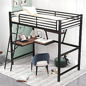 P PURLOVE Metal Loft Bed with Desk Twin Size High Loft Bed with L-Shaped Desk and Shelf and Ladder,No Box Spring Need