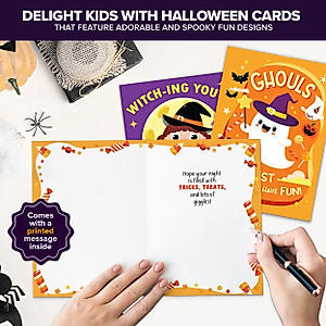Decorably 16 Pack Halloween Cards with Envelopes & Stickers, 8 Designs Printed Message Inside Halloween Cards for Kids, 5x7in Halloween Cards and Envelopes for Kids, Halloween Greeting Cards for Kids